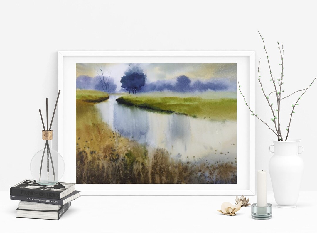 River Landscape Watercolor Painting - River Wall Art Print - Best River ...