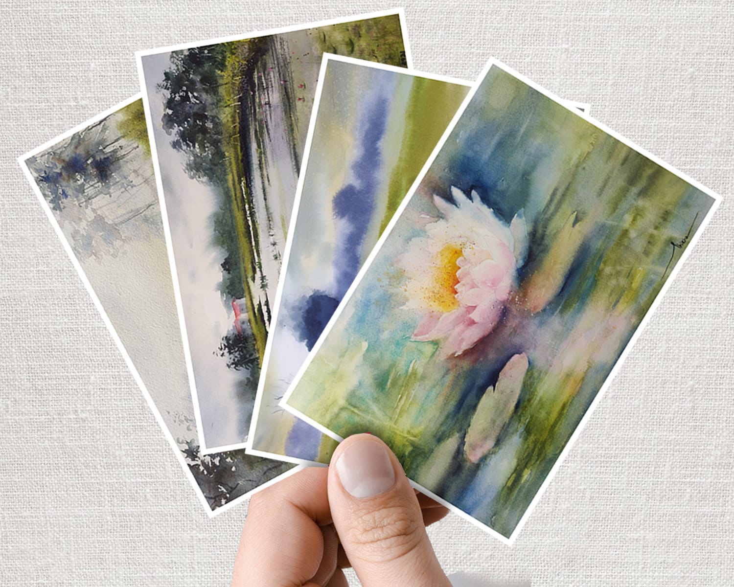 Watercolor Postcards - Set of 4 Cards | Serene Lake, River, Landscapes ...