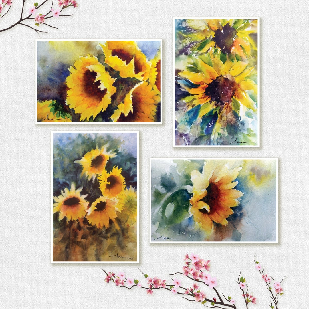 Sunflower Art Postcards, Set of 4 Postcards Watercolor A5 Cards Set ...