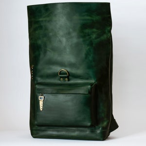 Green Leather Backpack Leather Roll Top Back Pack Purse Rucksack ...