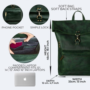 Green Leather Backpack Leather Roll Top Back Pack Purse Rucksack ...