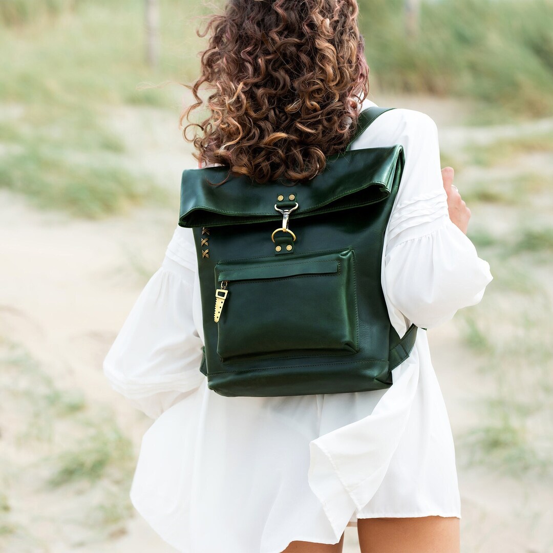 Green Leather Backpack Leather Roll Top Back Pack Purse Rucksack ...