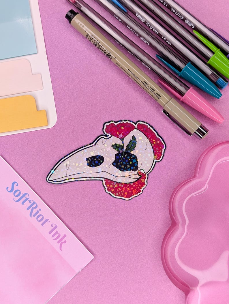 Floral 3-inch Crow Skull Sticker in a Star Holographic Finish - Etsy UK