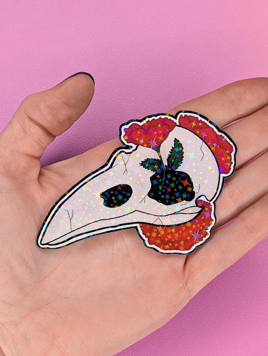 Floral 3-inch Crow Skull Sticker in a Star Holographic Finish - Etsy UK