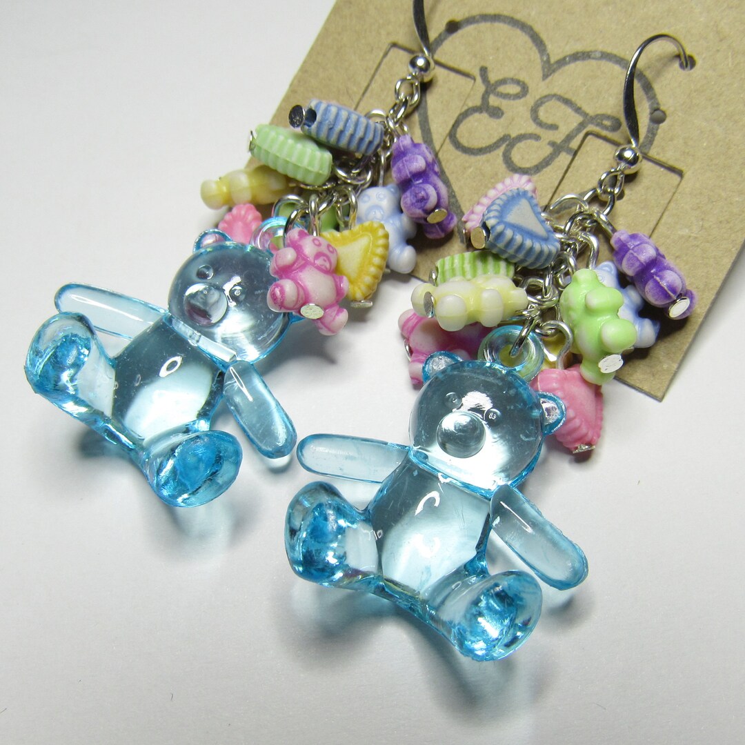 Kawaii Raver Kandy Blue Bear and Heart Cluster Earrings - Etsy