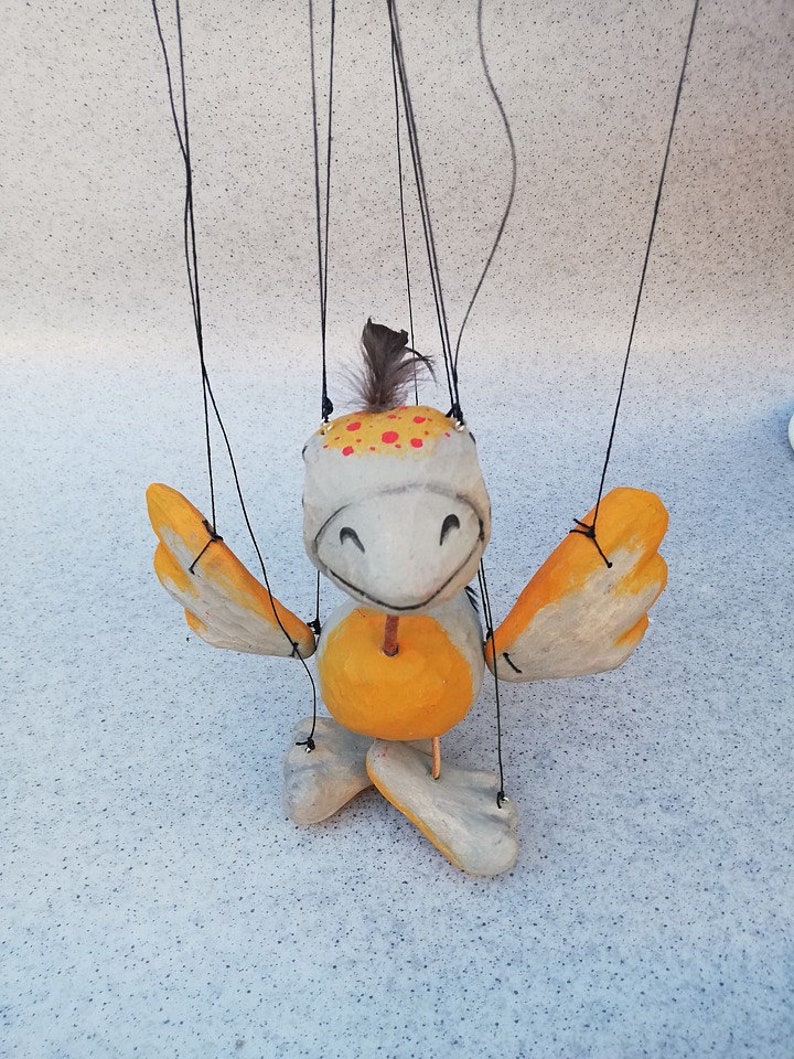 Gray and Yellow Bird Marionette. Handmade Clay Puppet 7 | Etsy