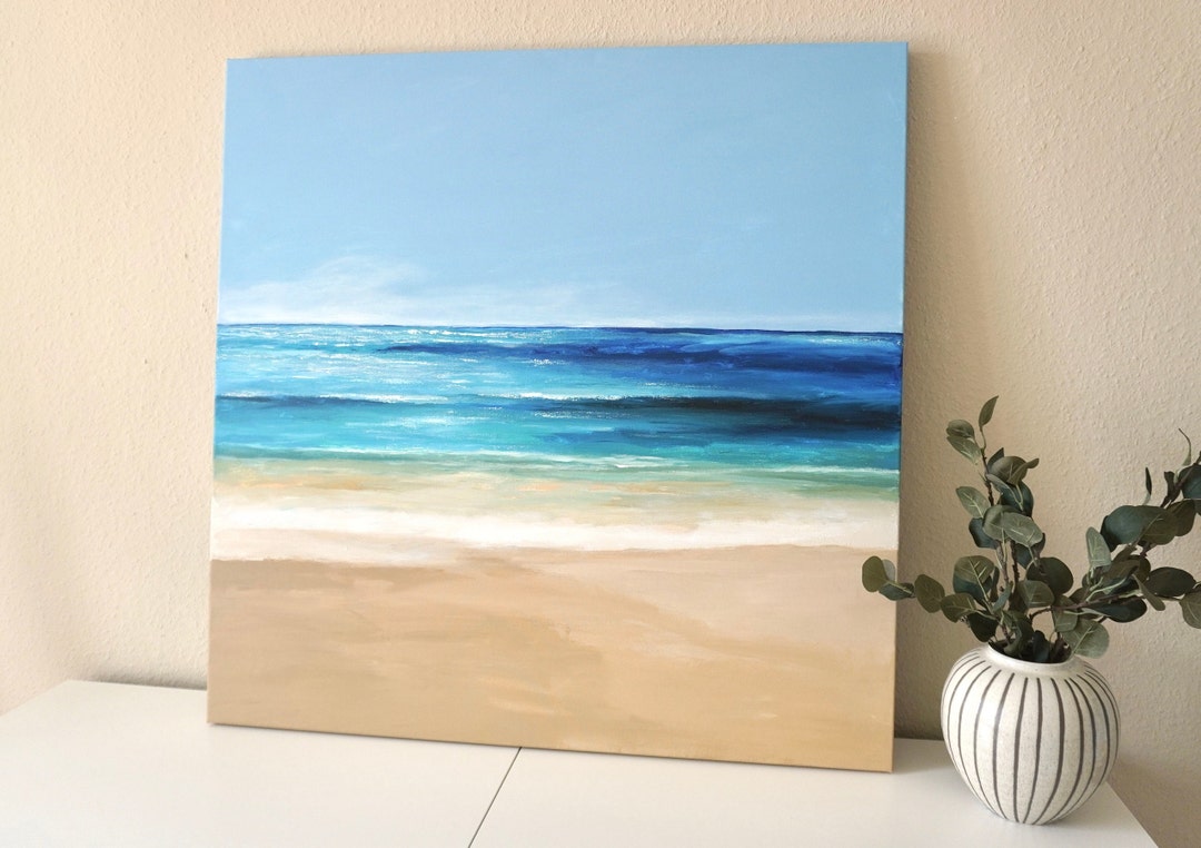 QUIET BEACH DAY Gemälde 100x100x4cm Original Acryl Kunst auf Leinwand Meer Strand Landschaft ...