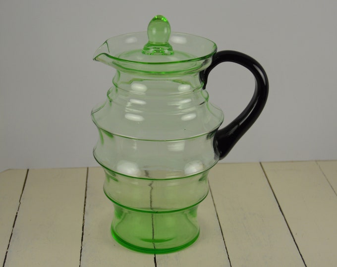 Louie Weston Green Uranium Glass Pitcher With Applied Black Handle and ...