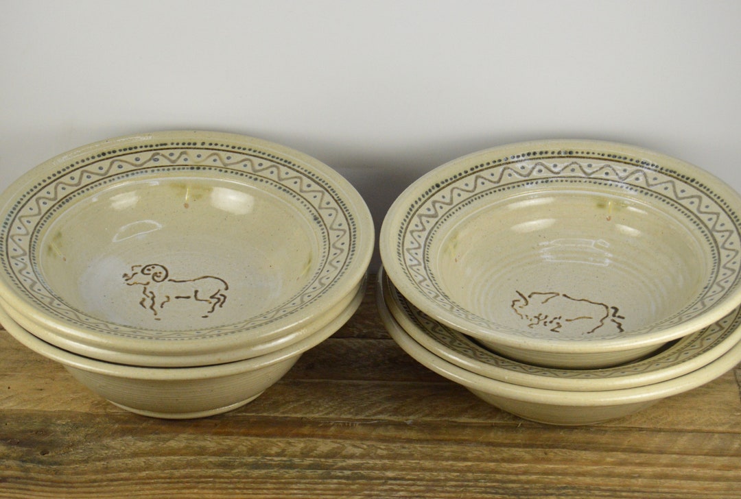 Set of 6 Hand Made Signed Pottery Bowls 8.5-8.75", Ram Bison Elk Horse ...