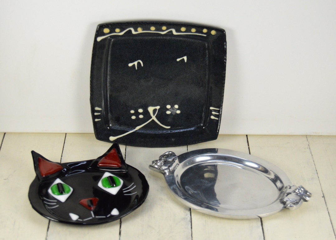 3 Cat Dishes, 1) Stephen Kilborn 7" Pottery Square Plate, 1 ...