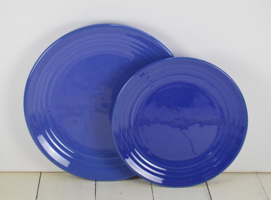 Set of 2 Bauer RING COBALT BLUE Plates, 1) 9.5" Dinner, 1) 7 7/8" Salad ...