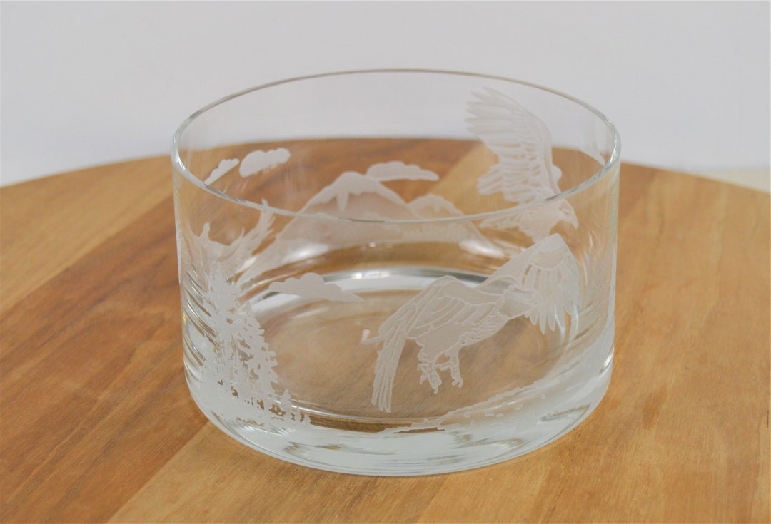 Perry Coyle Signed 5 3/8" Glass Etched Bowl, Three Eagles Flying ...