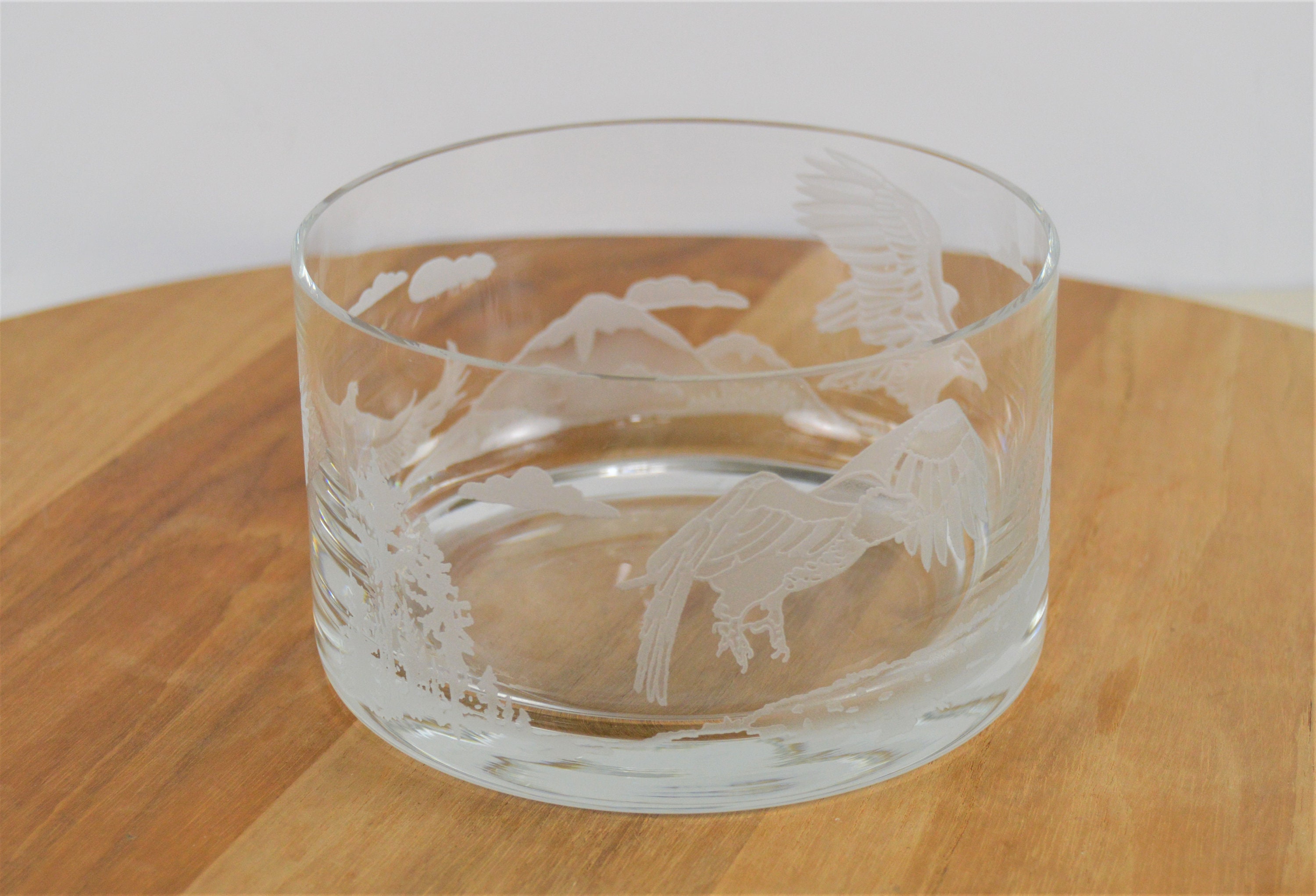 Perry Coyle Signed 5 3/8" Glass Etched Bowl, Three Eagles Flying ...