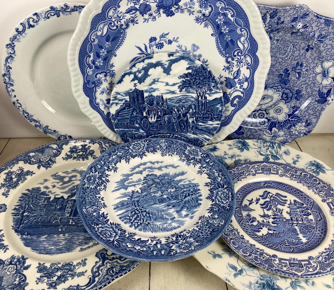 Set of 8 Mismatched Blue Transferware Plates 6.75-10 7/8", Wall ...