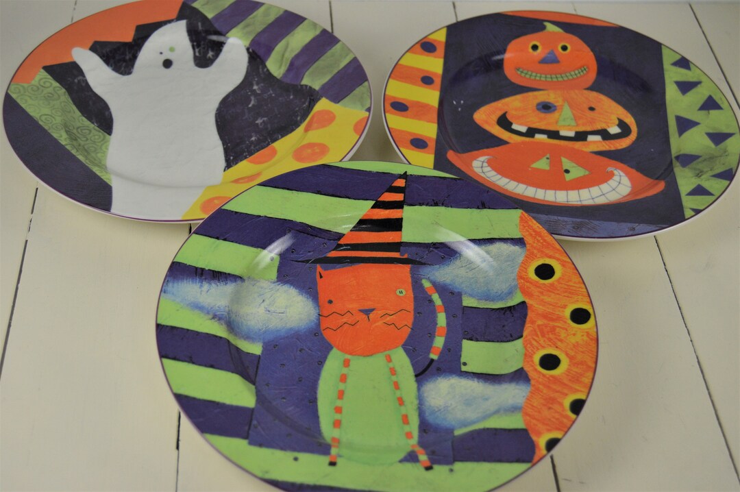 Set of 3 Sakura BOO TO YOU 8.25" Salad Plates, Pumpkins Ghost Cat ...