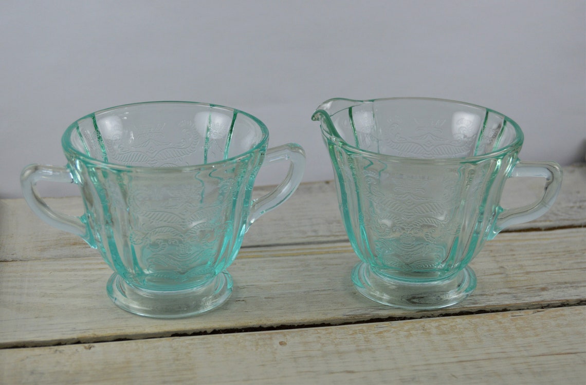 Indiana Glass RECOLLECTION GREEN Teal/aqua Open Sugar Bowl and Creamer ...