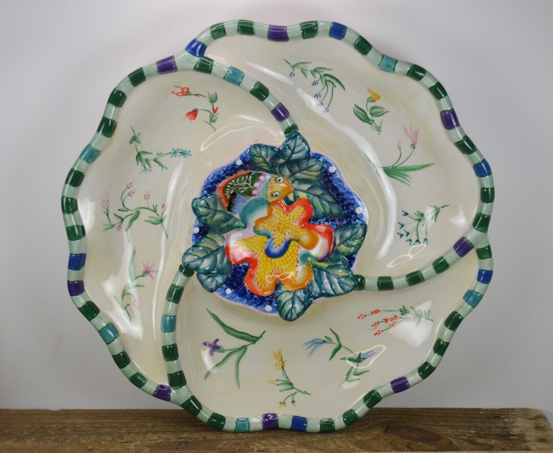 Fitz & Floyd GYPSY CHICKS 1 Piece Chip and Dip Platter 13 7/8, White With Blue Green Block Rim ...