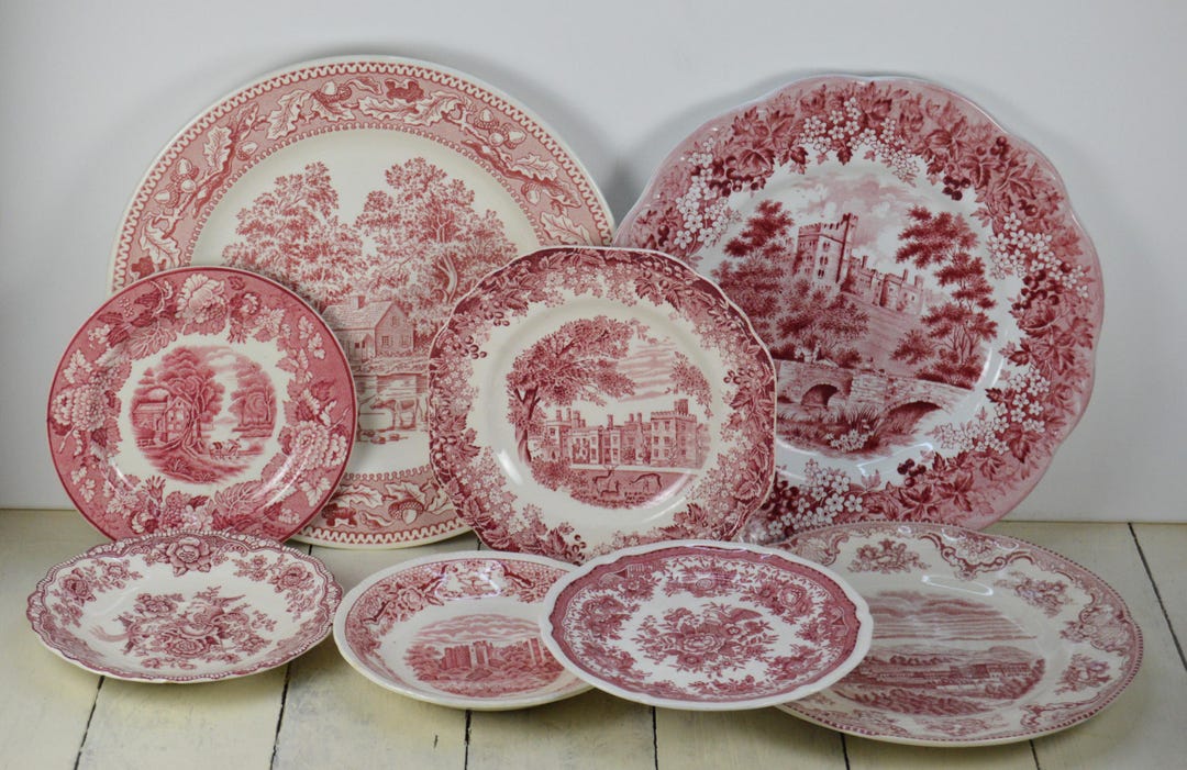 Set of 8 Mismatched Pink Transferware Plates 5.5-10, Saucers Bread ...