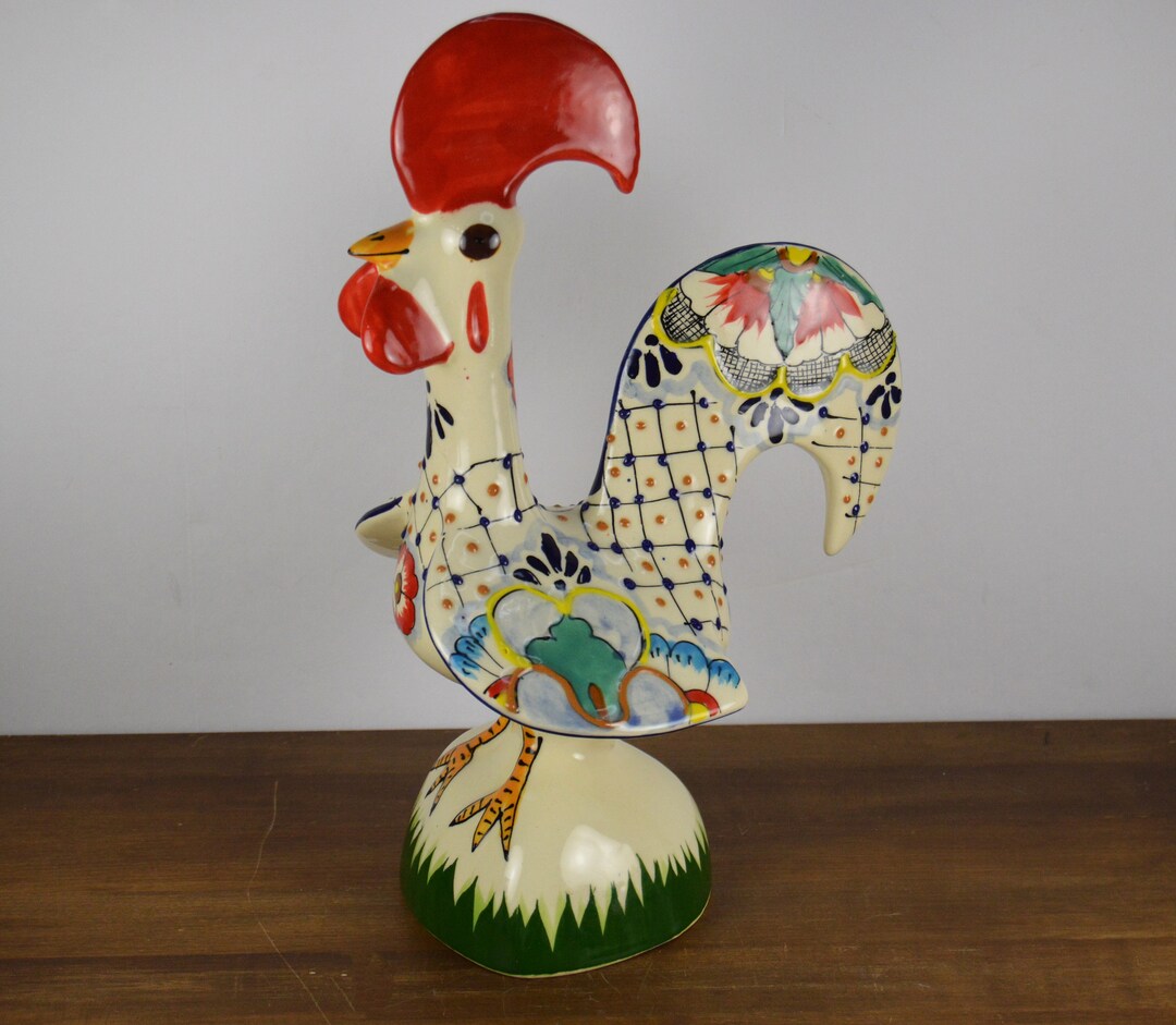 Hand Painted Mexican Pottery ROOSTER 12.75", Portuguese Shape, Square ...