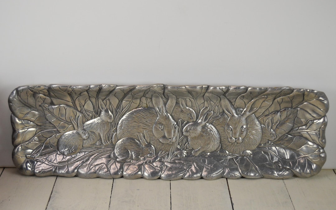 Arthur Court RABBIT 18 Rectangular Tray, 1990, Bunny Family With Leaf ...