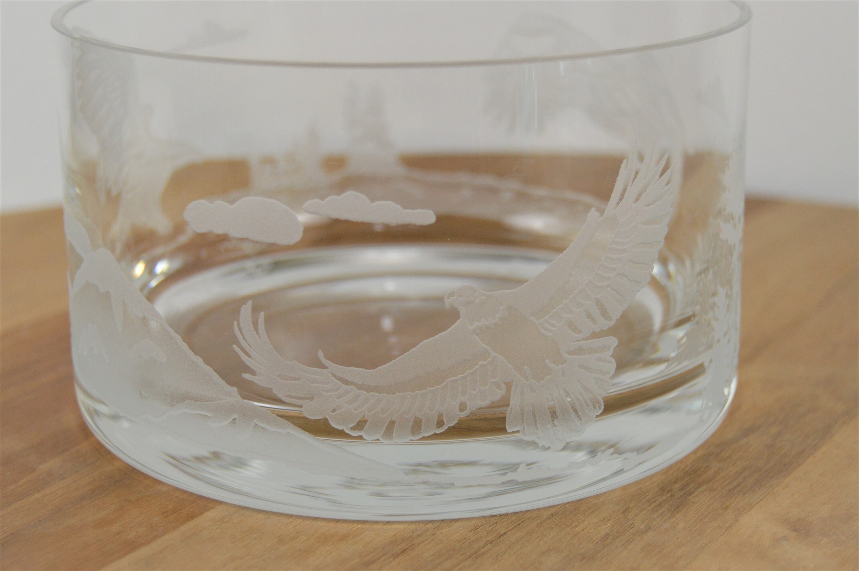 Perry Coyle Signed 5 3/8" Glass Etched Bowl, Three Eagles Flying ...