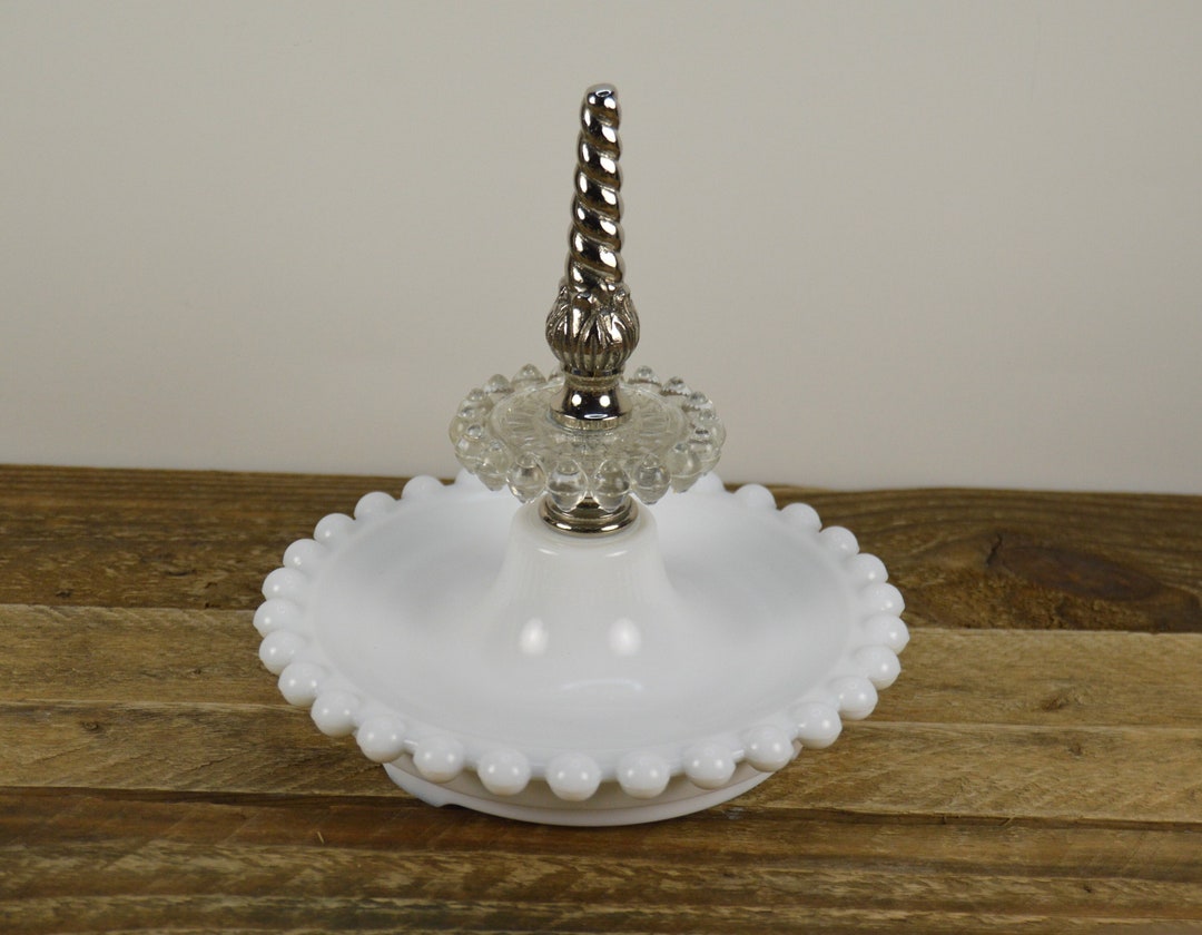 Milk Glass Boudoir Jewelry Dish With Metal Ring Holder 6", Candlewick ...