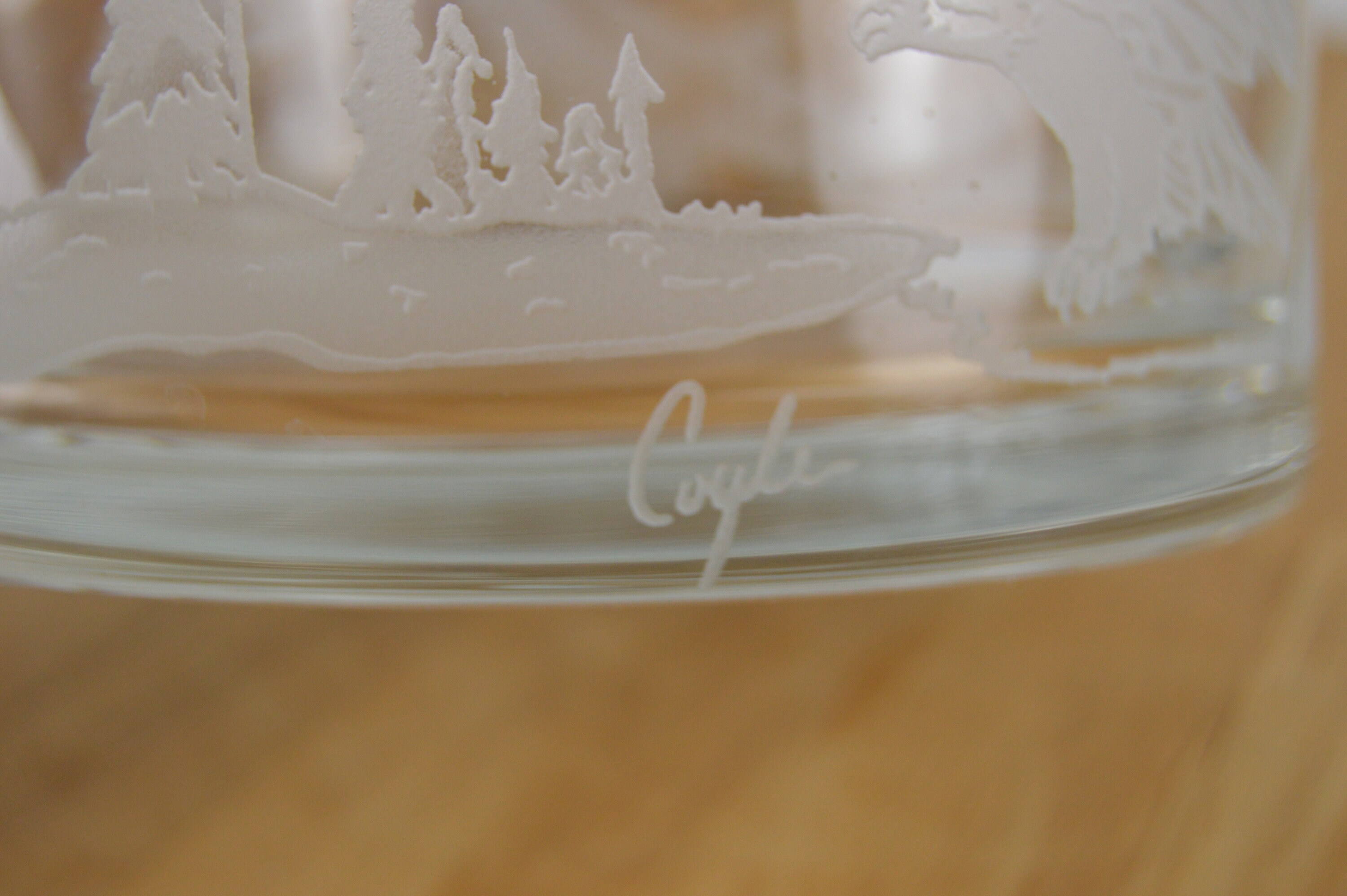 Perry Coyle Signed 5 3/8" Glass Etched Bowl, Three Eagles Flying ...