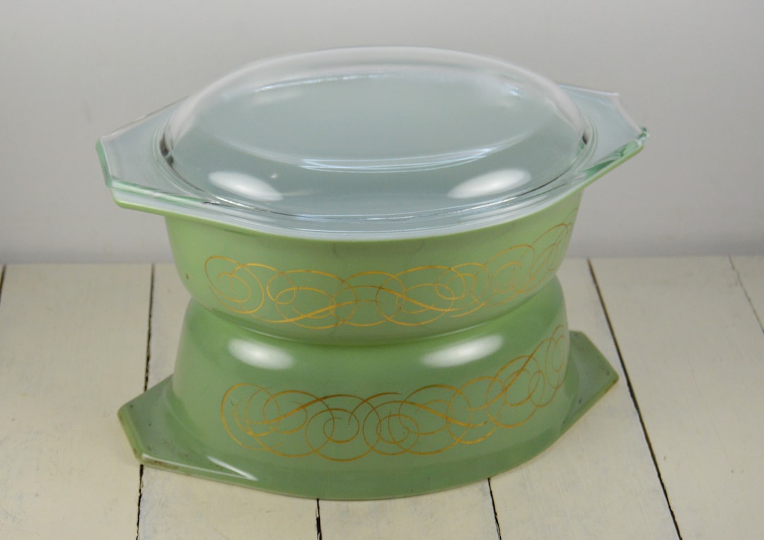 Set of 2 Pyrex 043 Green GOLDEN SCROLL Oval Casserole Dishes 1.5 Quart ...