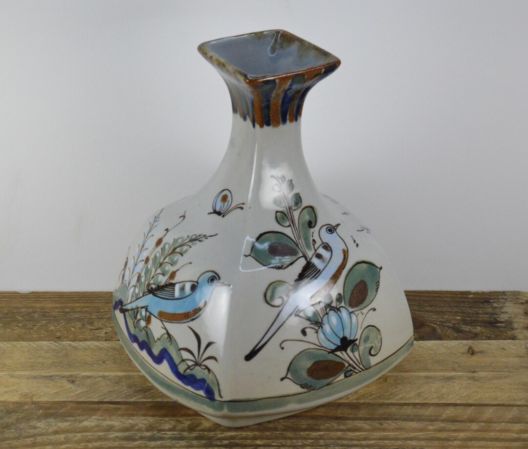Ken Edwards EL PALOMAR 10" Square Vase, Hand Painted Blue Birds Green ...