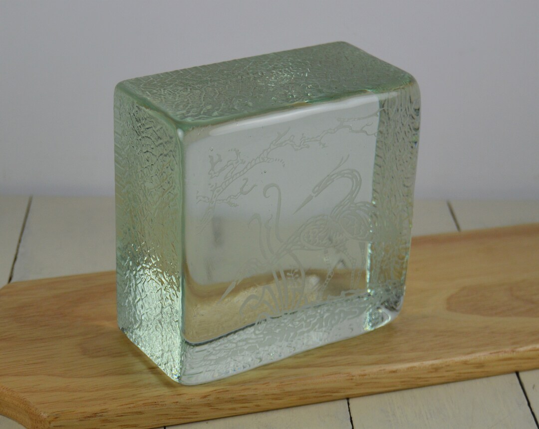 Blenko Heavy Ice Block Bookend 5 With Etched Crane Design, Solid Clear ...