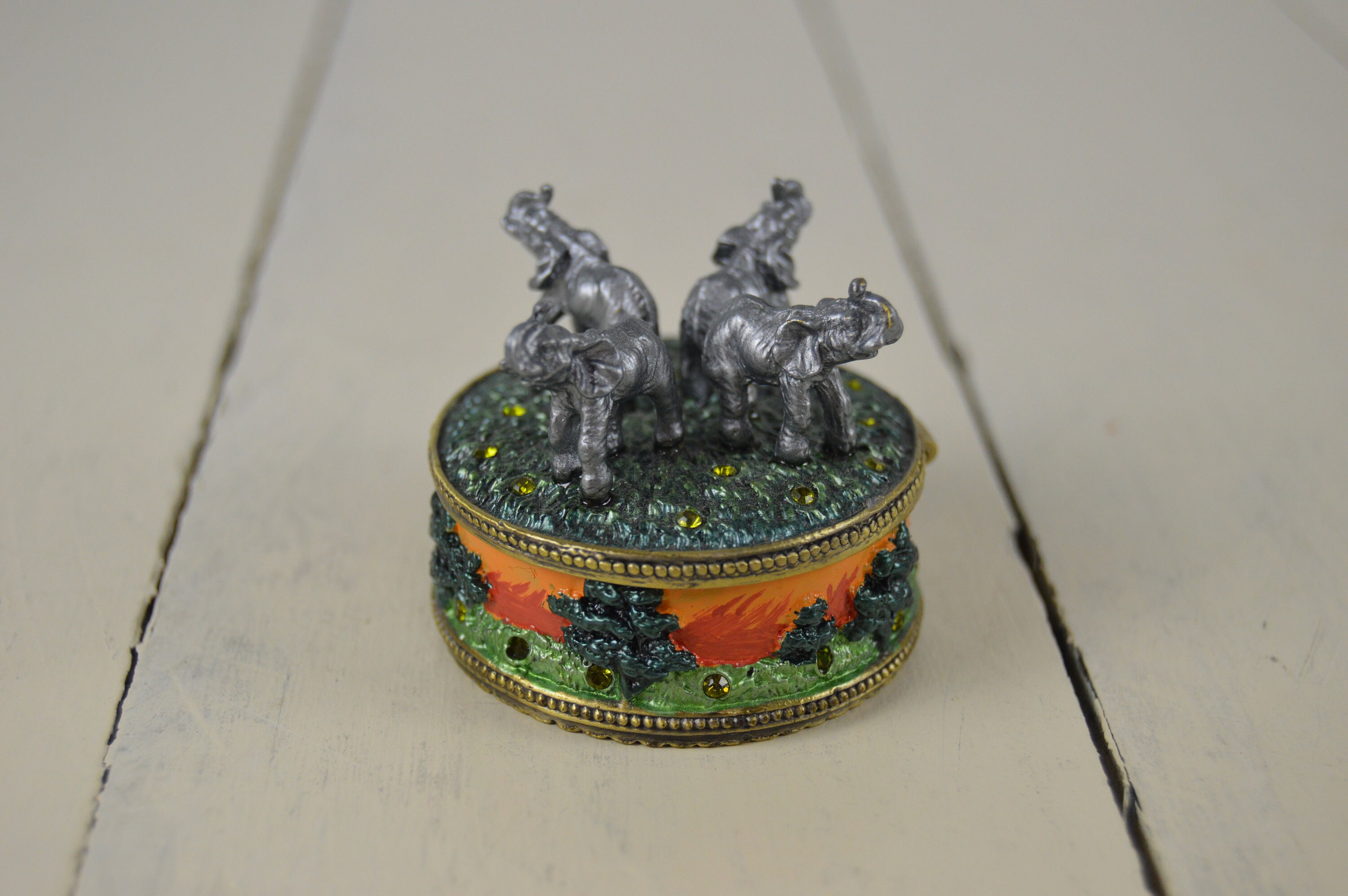CR Enameled Trinket Box With 4 Elephants Heavy Small Round | Etsy