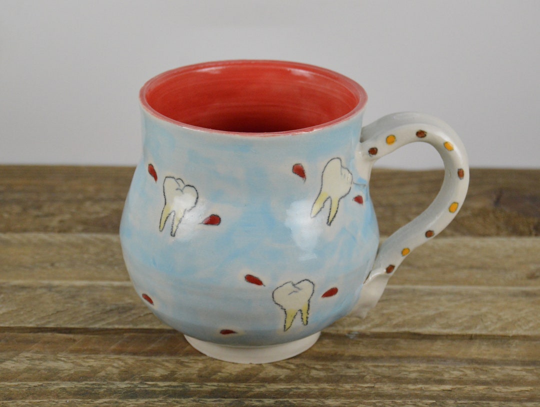 Hand Made Pottery Mug 14 Oz TEETH, Hand Painted Tooth Design, Blue ...