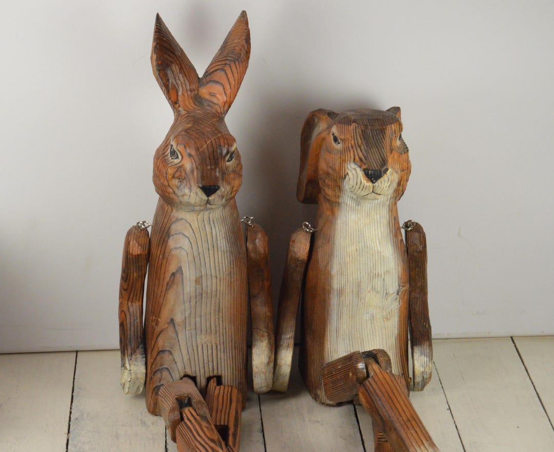 Set of 2 Carved Wood Hare Rabbit Shelf Sitters 20-23", Long Legs Ears ...