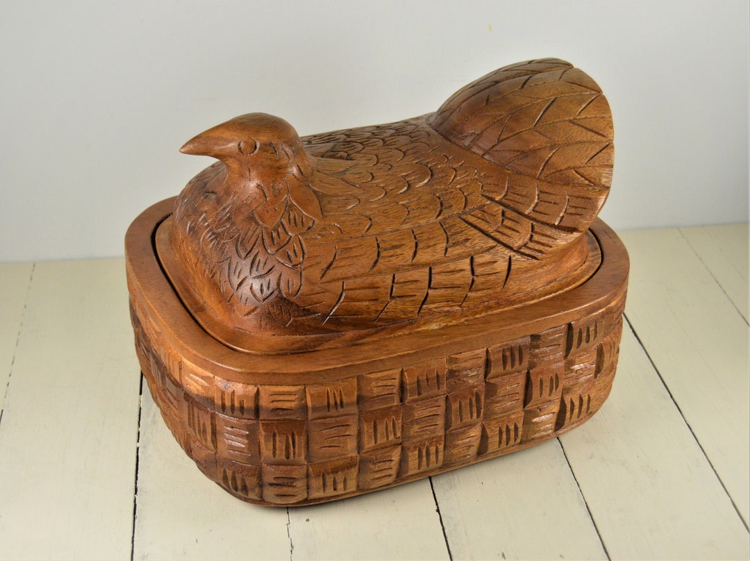 Carved Wood Nesting Hen Storage Box, Hen on Nest, 11.25", Farmhouse ...