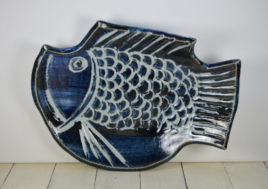 Hand Made Pottery 15" Fish Platter Dish Bowl, Artist Stamped, Curved ...