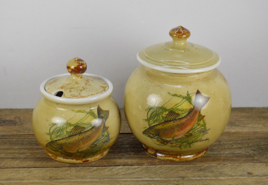 Set of 2 Robert Gordon Australia Trout Jars, 1) Sugar Bowl With Notched ...
