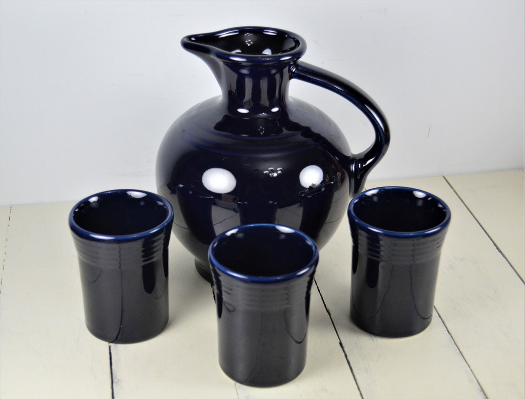 Set of 4 Fiesta COBALT Blue, 1) 8" Open Carafe Pitcher 60 Oz, 3) 6 Oz ...