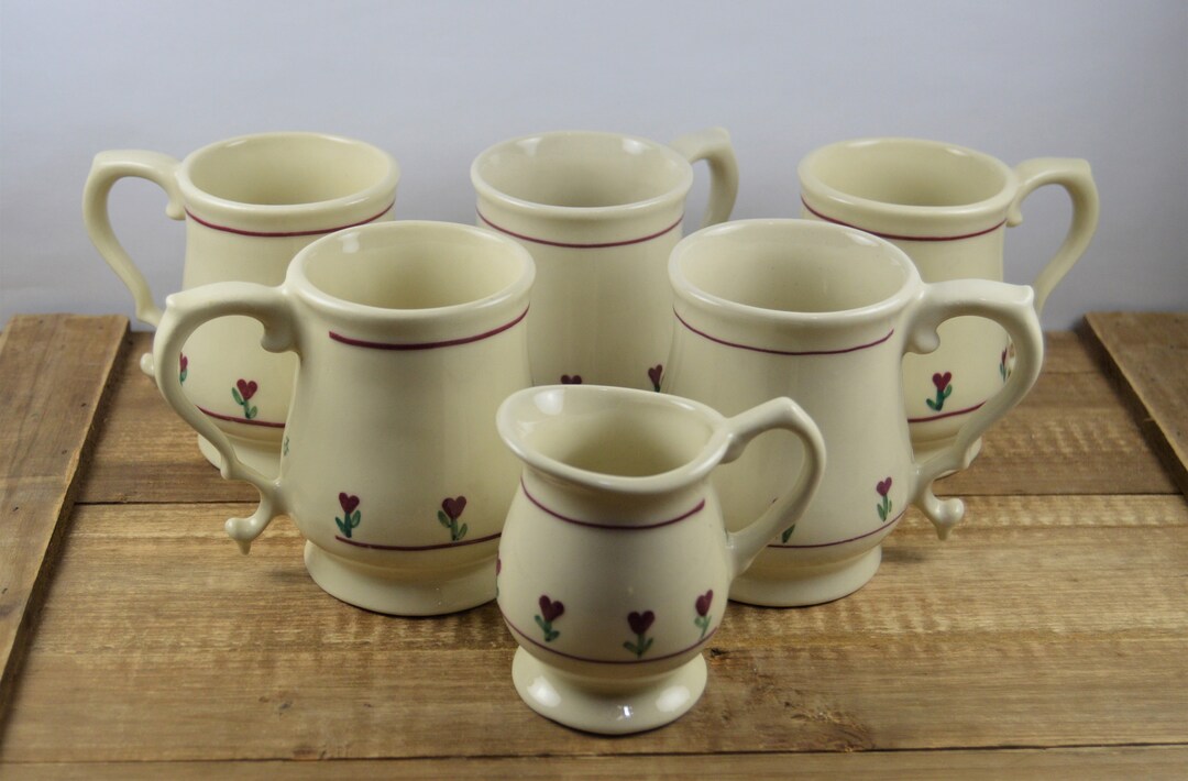 6 Pcs Hartstone PROVINCIAL POSY, 5) 9 Oz Mugs 3.75", 1) 4 Oz Creamer ...