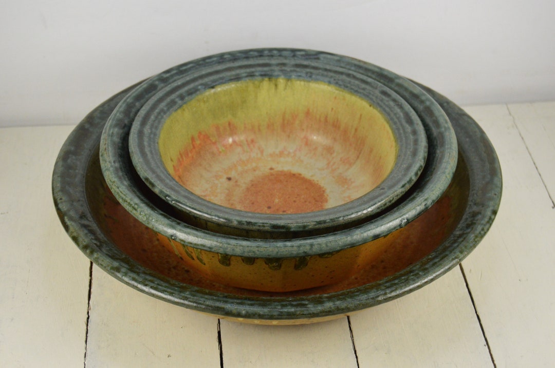 Set of 3 Hand Made Studio Pottery Serving Bowls, Artist Signed, 12" Pasta/salad, 7.75" 9.25 ...
