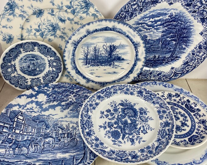 Set of 8 Mismatched Blue Transferware Plates 5.75-10", Wall Grouping ...