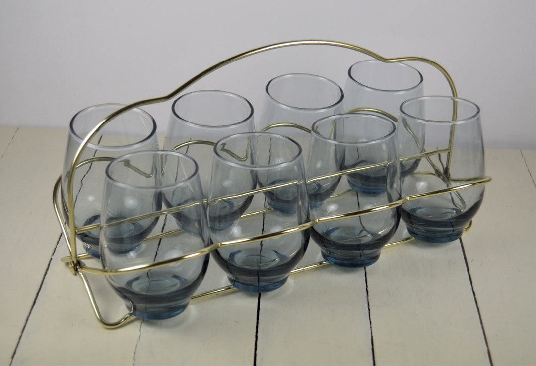 Set of 8 Libbey TEMPO Smoky Blue 12 Oz Tumblers With Metal Carrier, Foldable Glass Holder, Bar ...