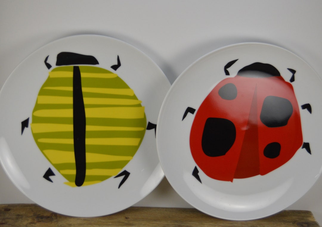 Set of 2 Crate & Barrel BUG 10.5 Dinner Plates, White With Colorful ...