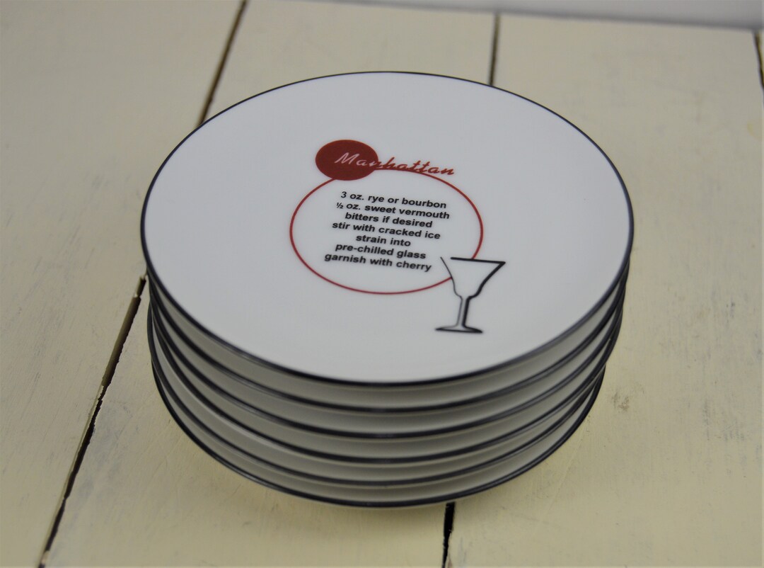 Set of 6 Pottery Barn RETRO BAR 4" Coasters, Ceramic Mini Plates, Bar ...