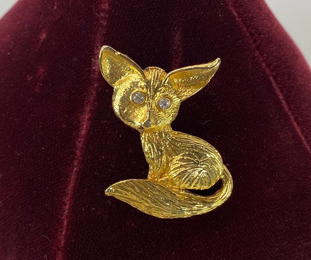 Gold-tone FOX Brooch Pin 1 5/8" With Rhinestone Eyes, Unmarked, Cast ...
