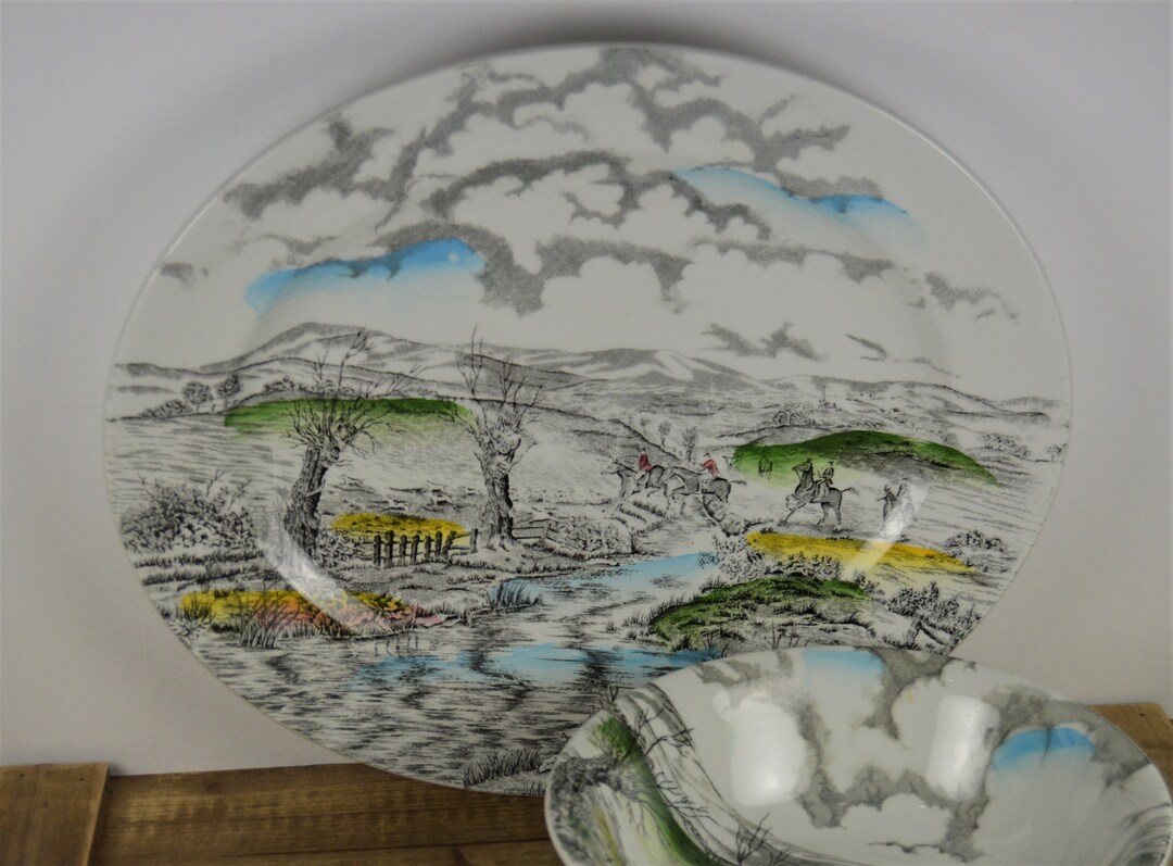Set of 2 W.H. Grindley TALLY HO Serving Pieces 1 13.75 Oval Platter, 1 ...