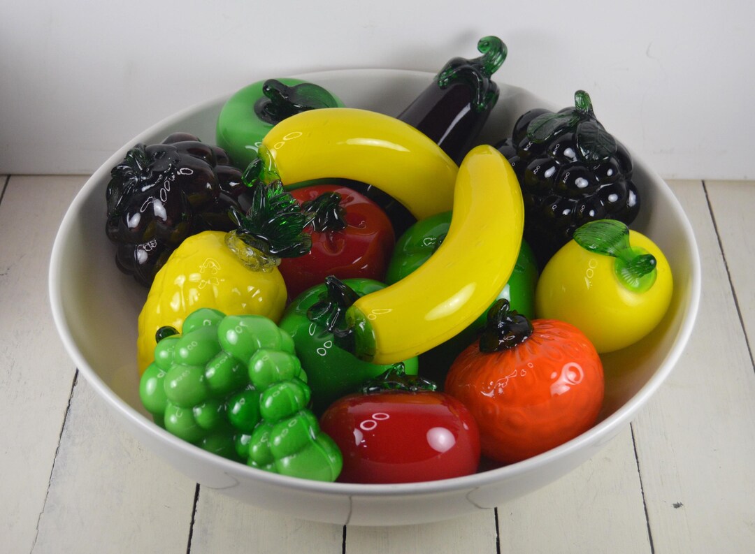 14 Pcs Glass FRUIT, Life Size, Bananas Grapes Orange Eggplant Peppers ...