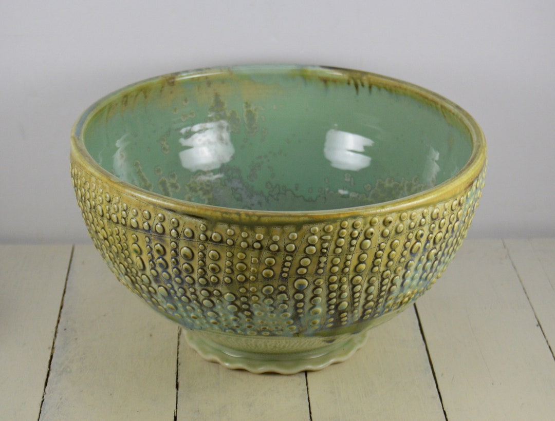 Michael Lemke Pottery 10 3/8" Serving Bowl, Beige Blue Green Raised ...