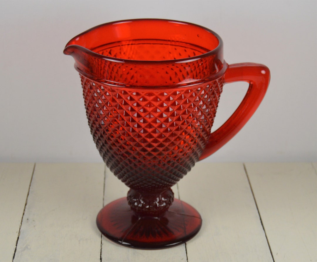 Ivima DIAMOND POINT RUBY 38 Oz Pitcher 8", Ruby Red Glass, Pedestal Base, Diamond Texture, See ...
