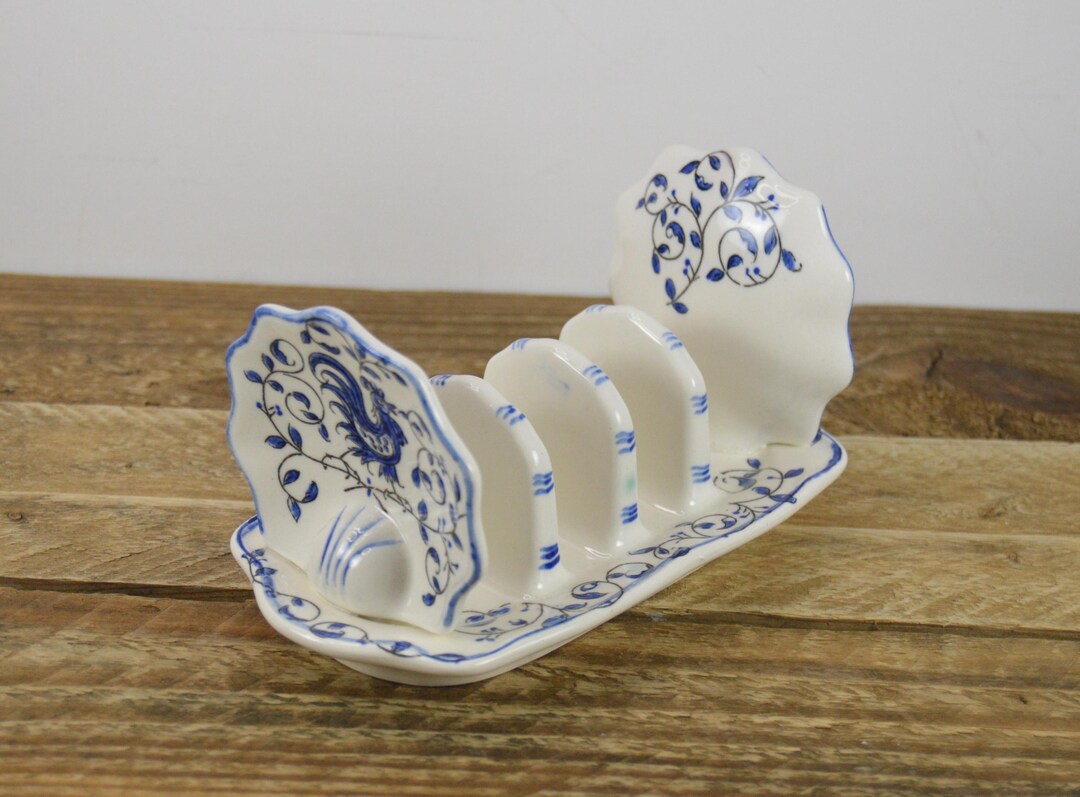 Portugal Ceramic TOAST RACK With Blue Barcelo Rooster 6", White With ...