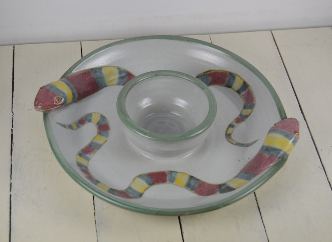 Hand Made Pottery SNAKE Chip and Dip Platter 11.25", 2 Hand Painted ...